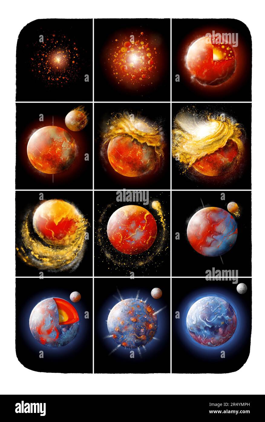 Conceptual illustration showing the stages in the formation of the moon ...