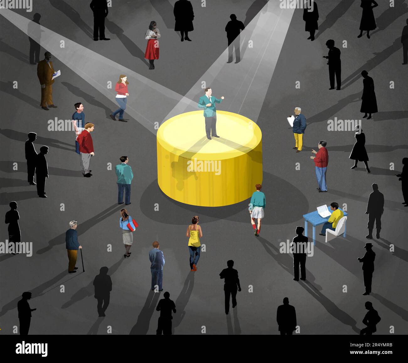 Conceptual illustration showing a man giving a speech to a gathering ...