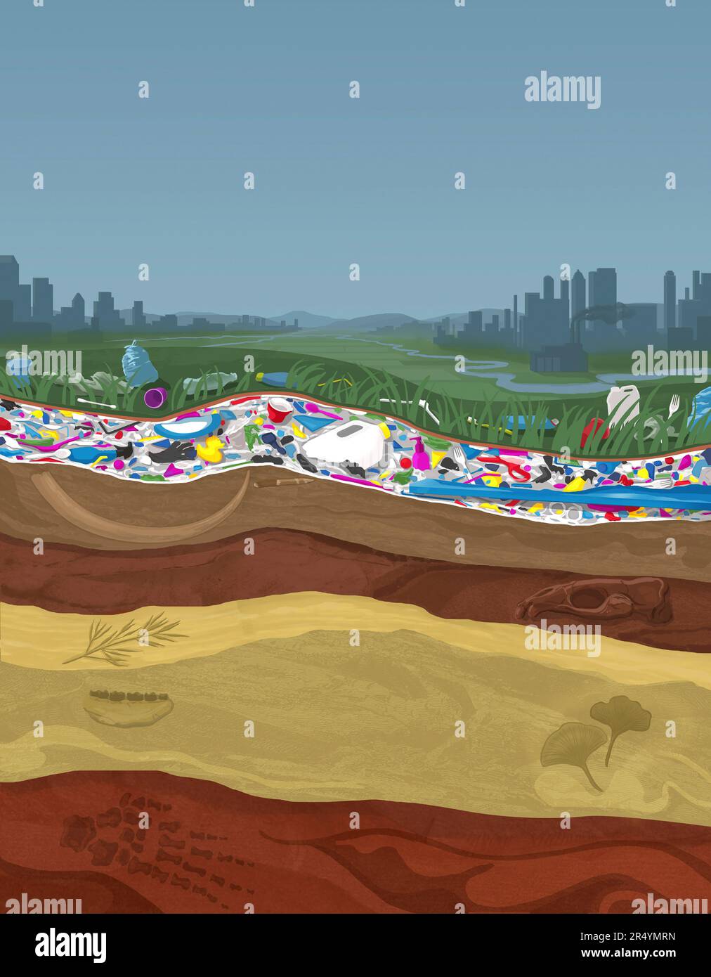 Conceptual illustration showing a layer of plastic above older earth ...