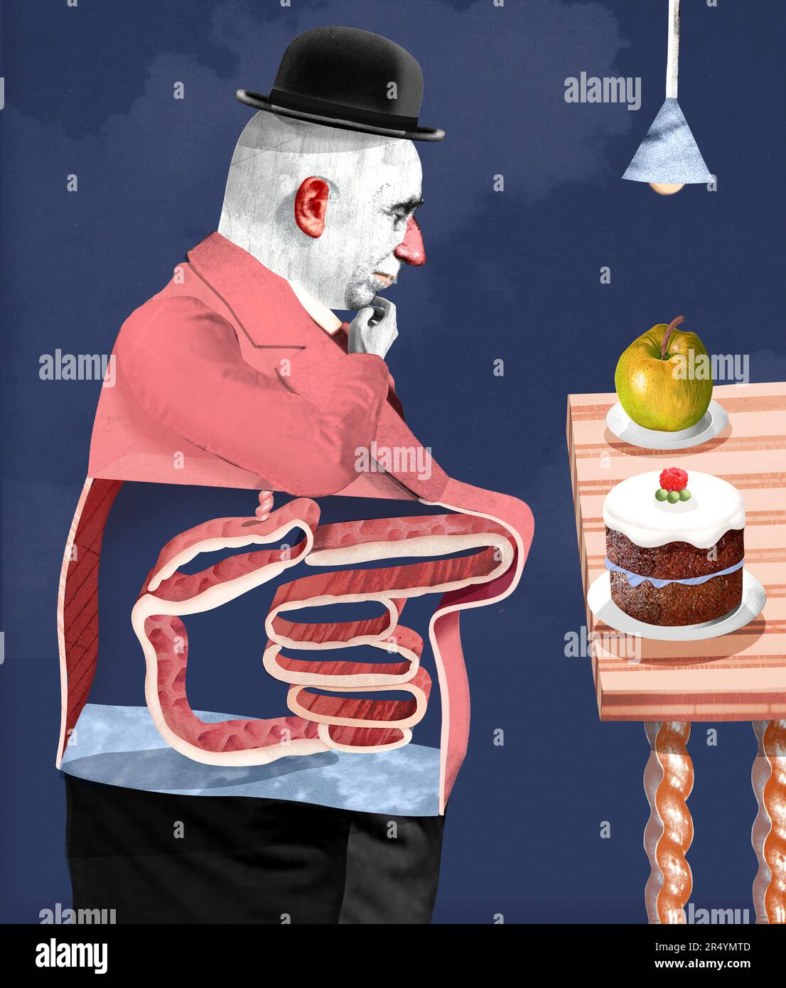 Conceptual illustration showing a man's gut making his food choices for ...
