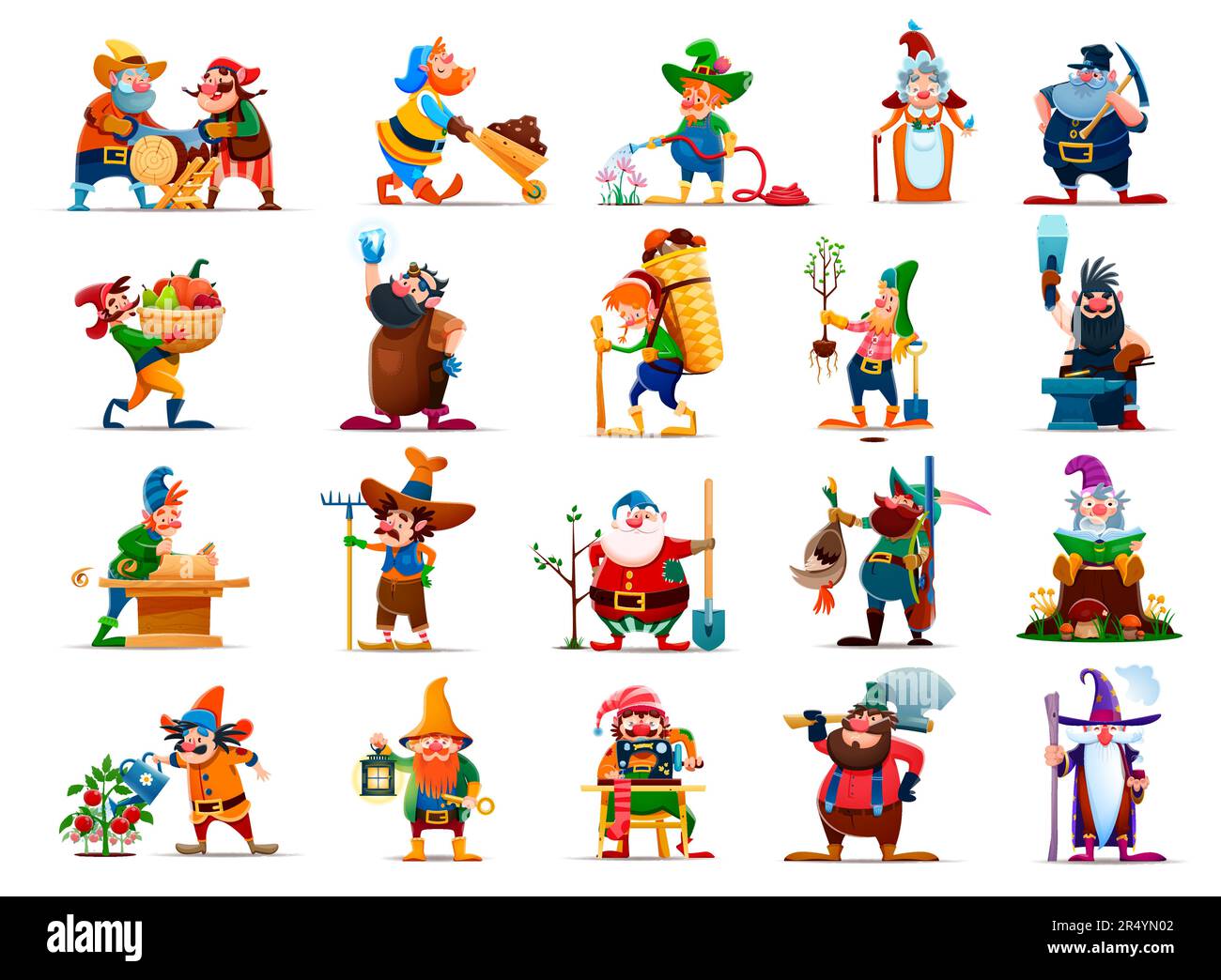 Cartoon Gnome Or Dwarf Characters With Beards Hats Cute Fairy Tale