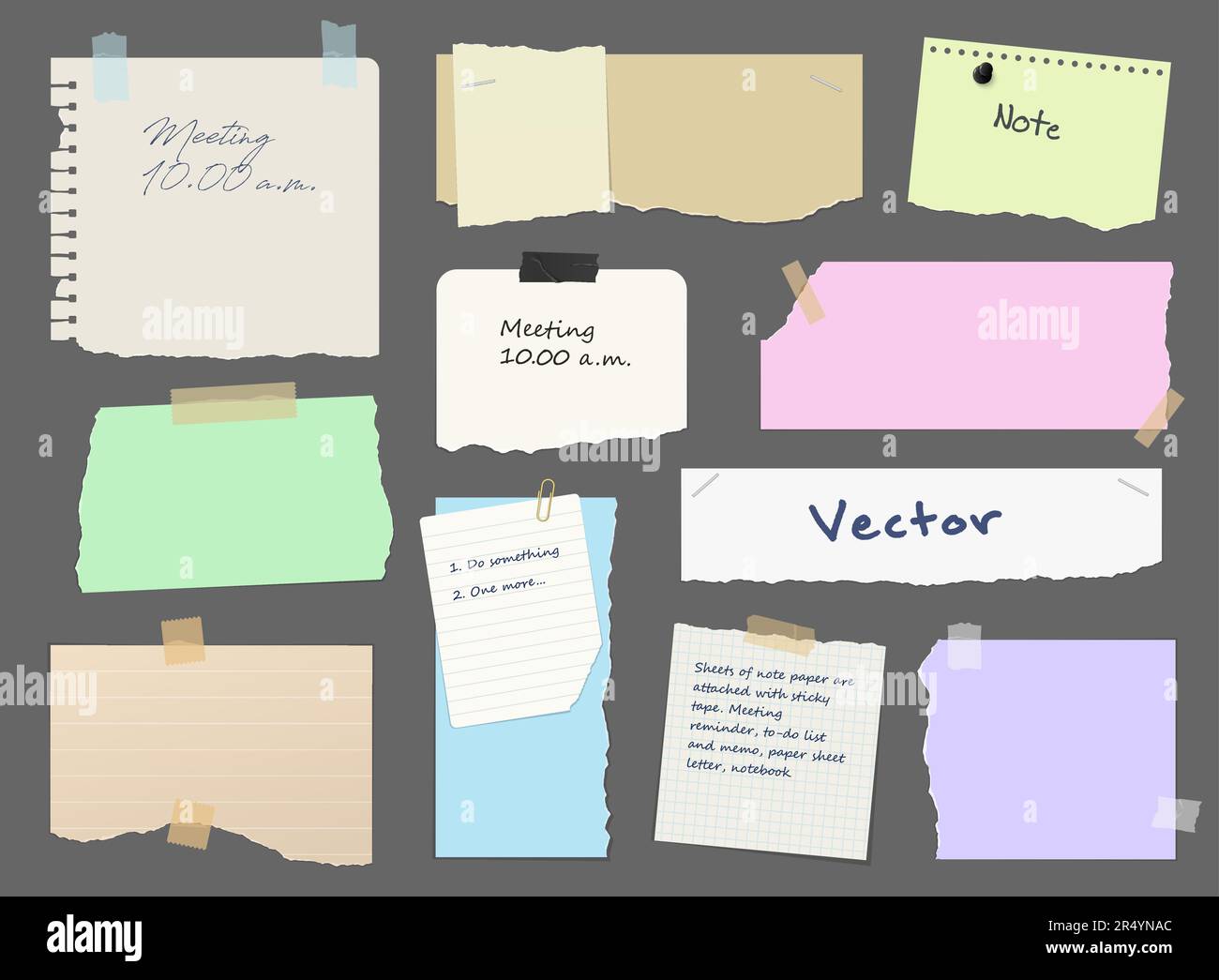 Paper notes, stickers, sticky sheet and tape or memo notepad posts ...