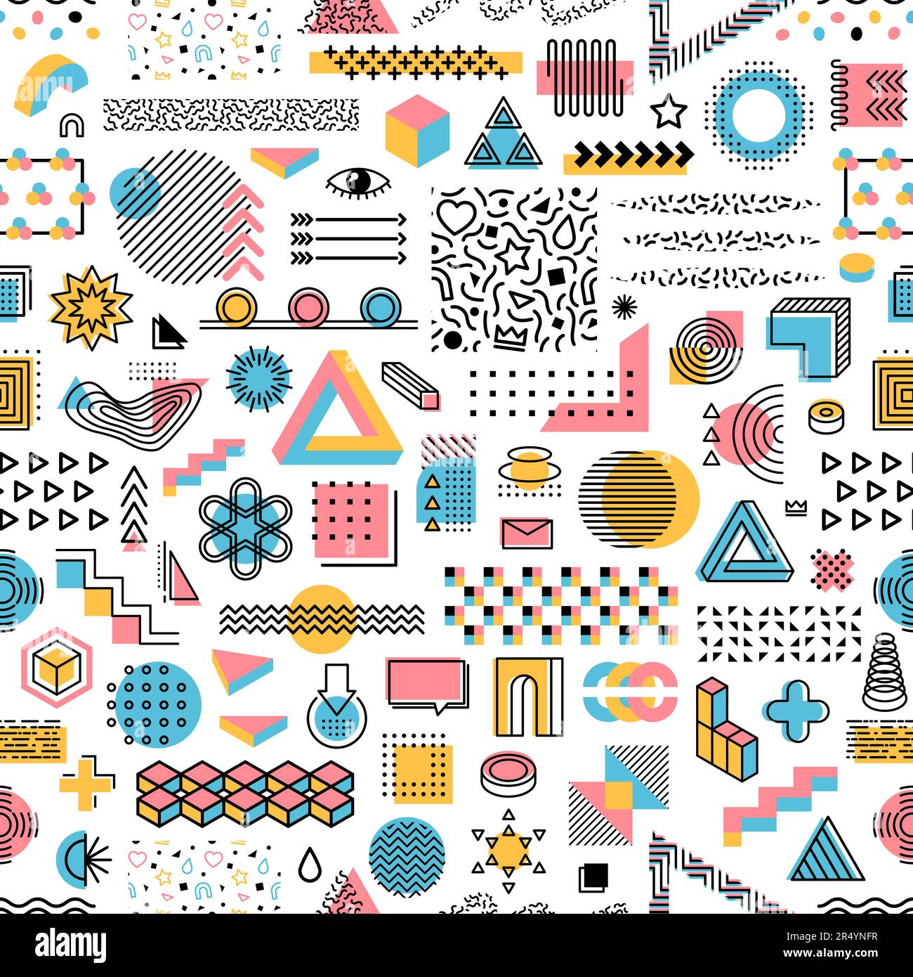 Memphis Geometric Shapes Seamless Pattern Vector Abstract Background Line Art And Halftone