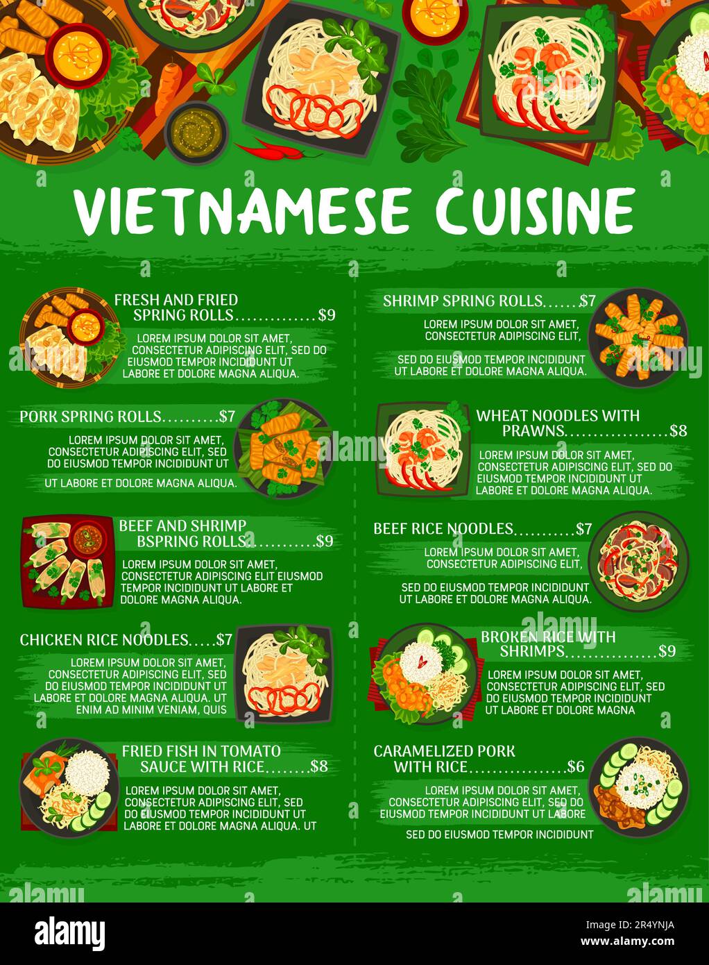 Vietnamese cuisine restaurant food menu. Shrimp, pork and beef spring ...