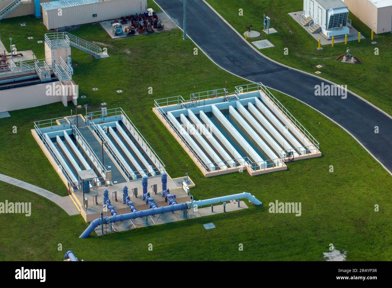 Aerial view of water treatment factory at city wastewater cleaning ...