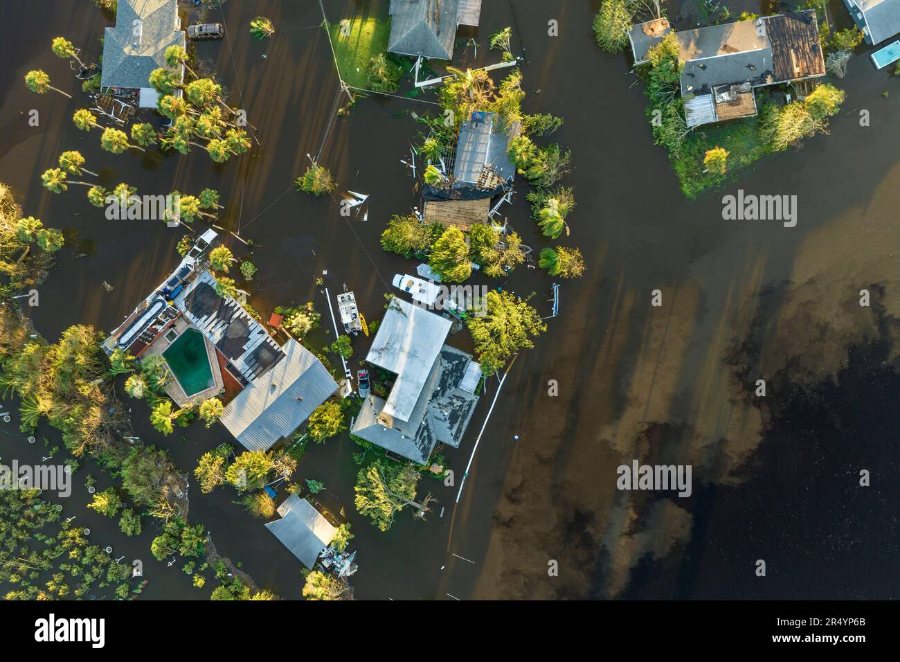 Aftermath of natural disaster. Surrounded by hurricane Ian rainfall ...