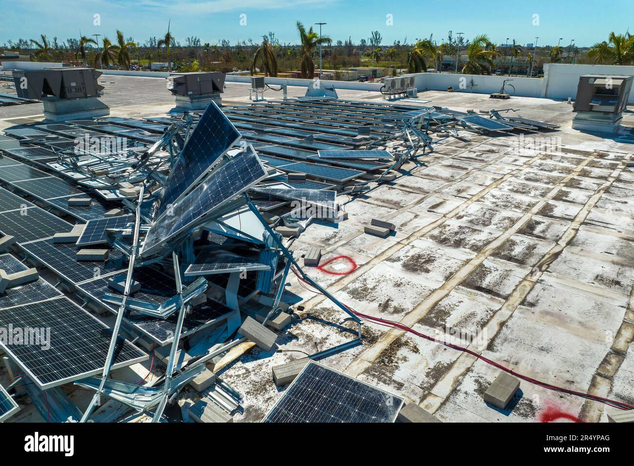 Broken down photovoltaic solar panels destroyed by hurricane Ian winds ...