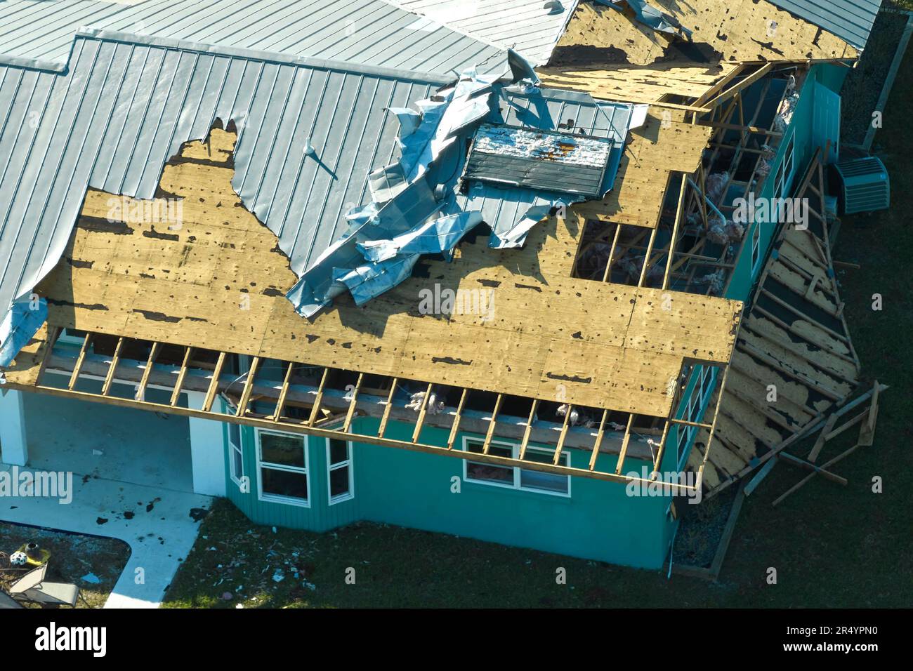 Hurricane Ian destroyed house in Florida residential area. Natural ...