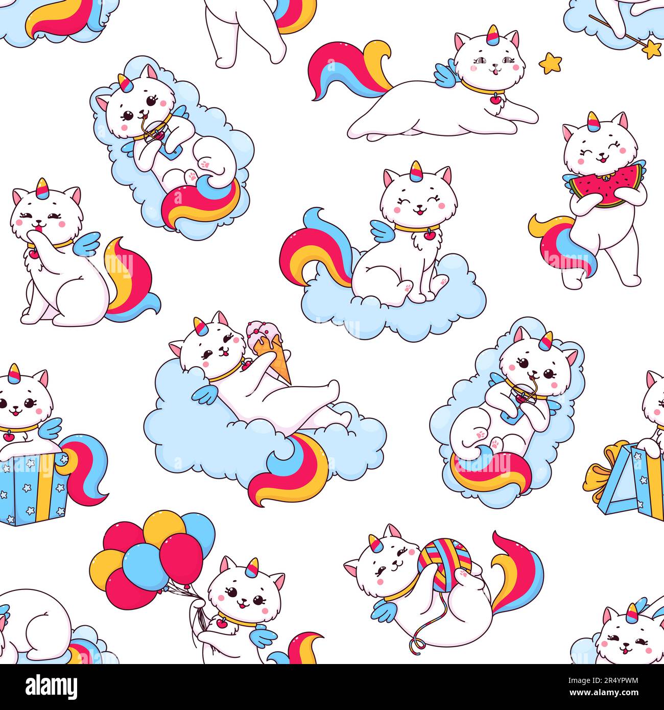 Cute cartoon caticorn seamless pattern. Vector tiled repeated ...