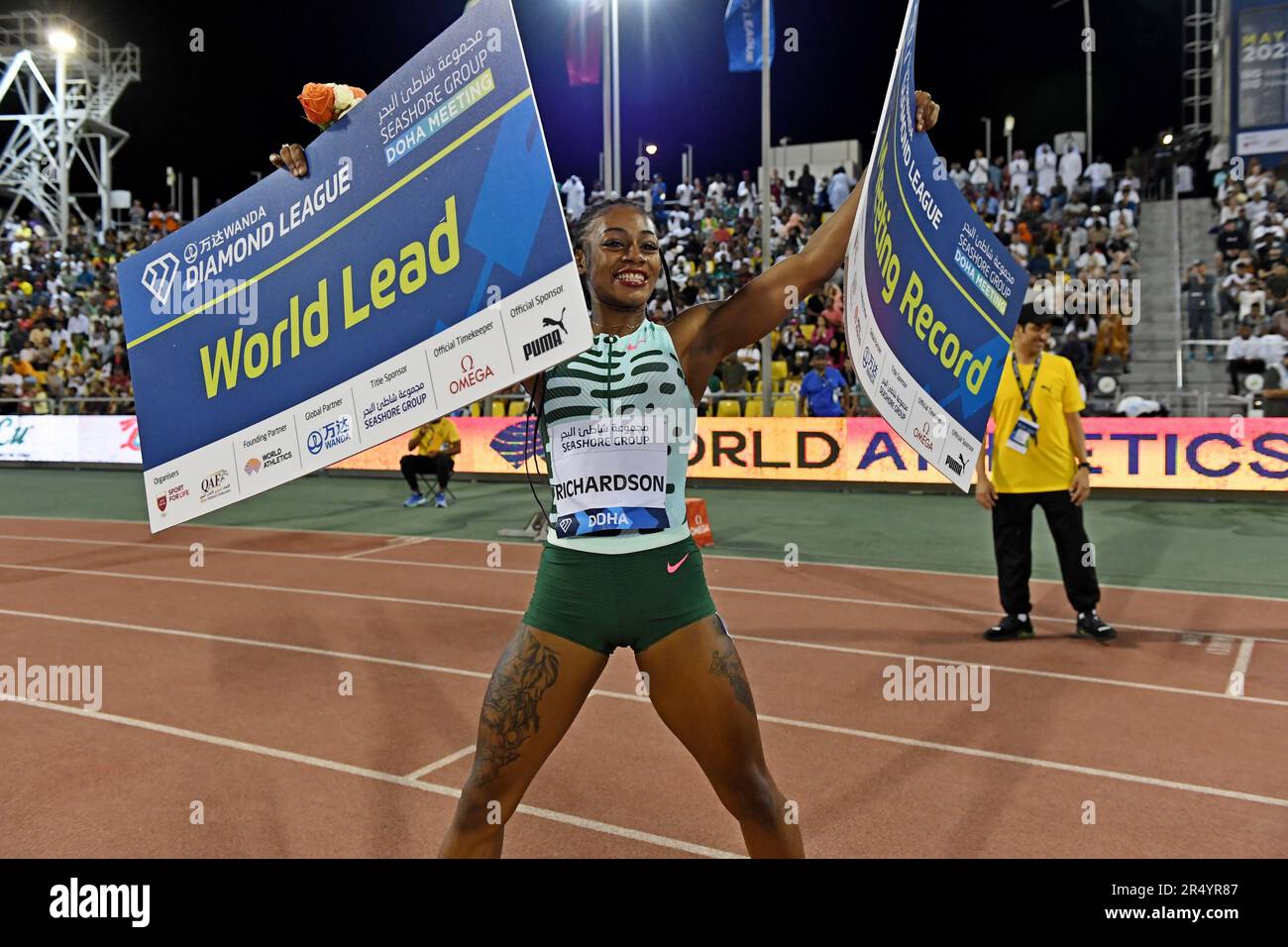 Sha'Carri Richardson (USA) poses after winning the women's 100m in a ...