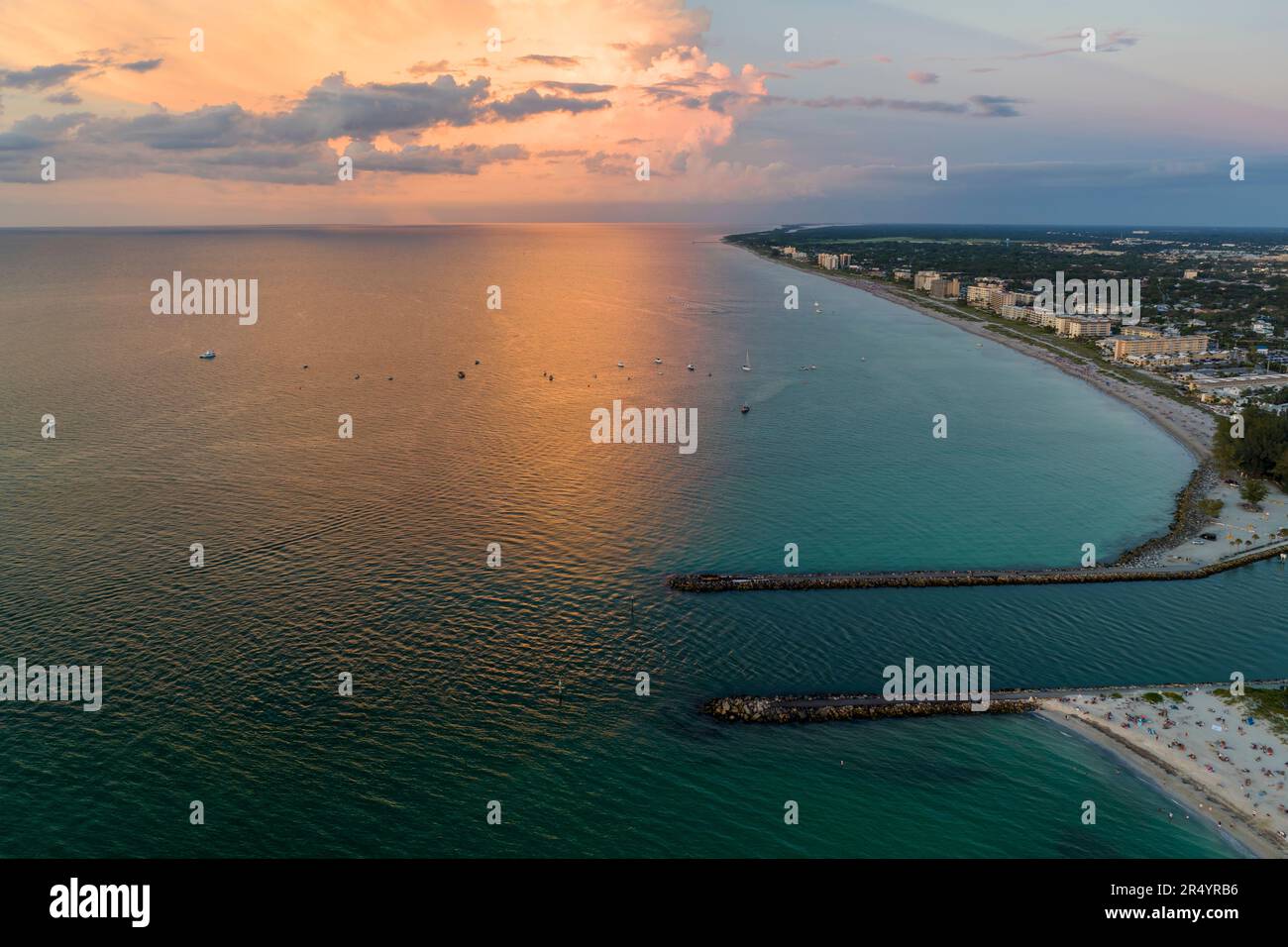 Nokomis beach with soft white sand and North and South Jetty in ...