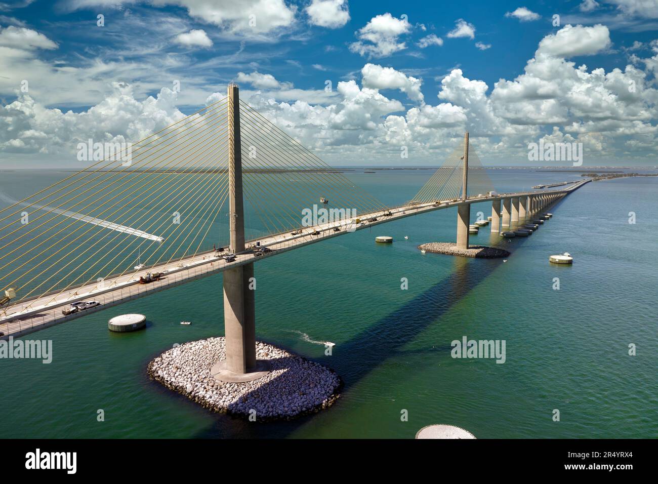Sunshine Skyway Bridge over Tampa Bay in Florida with moving traffic ...