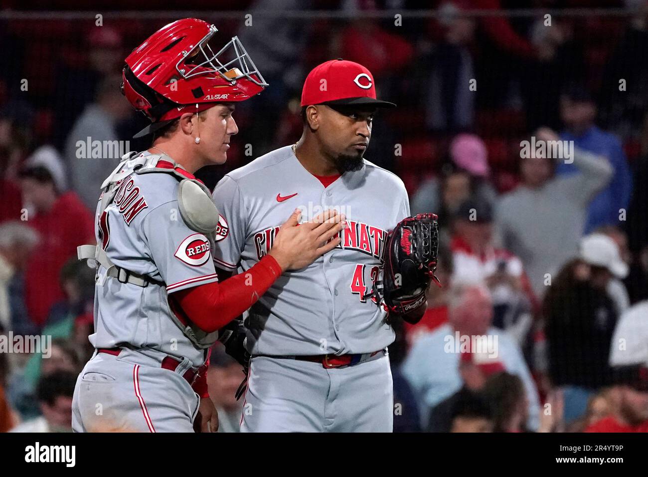 Cincinnati Reds relief pitcher Alexis Diaz (43) is congratulated by ...