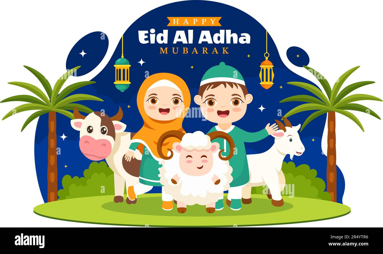 Happy Eid Al Adha Mubarak Vector Illustration of Muslims Celebration with Sacrificial Animals ...