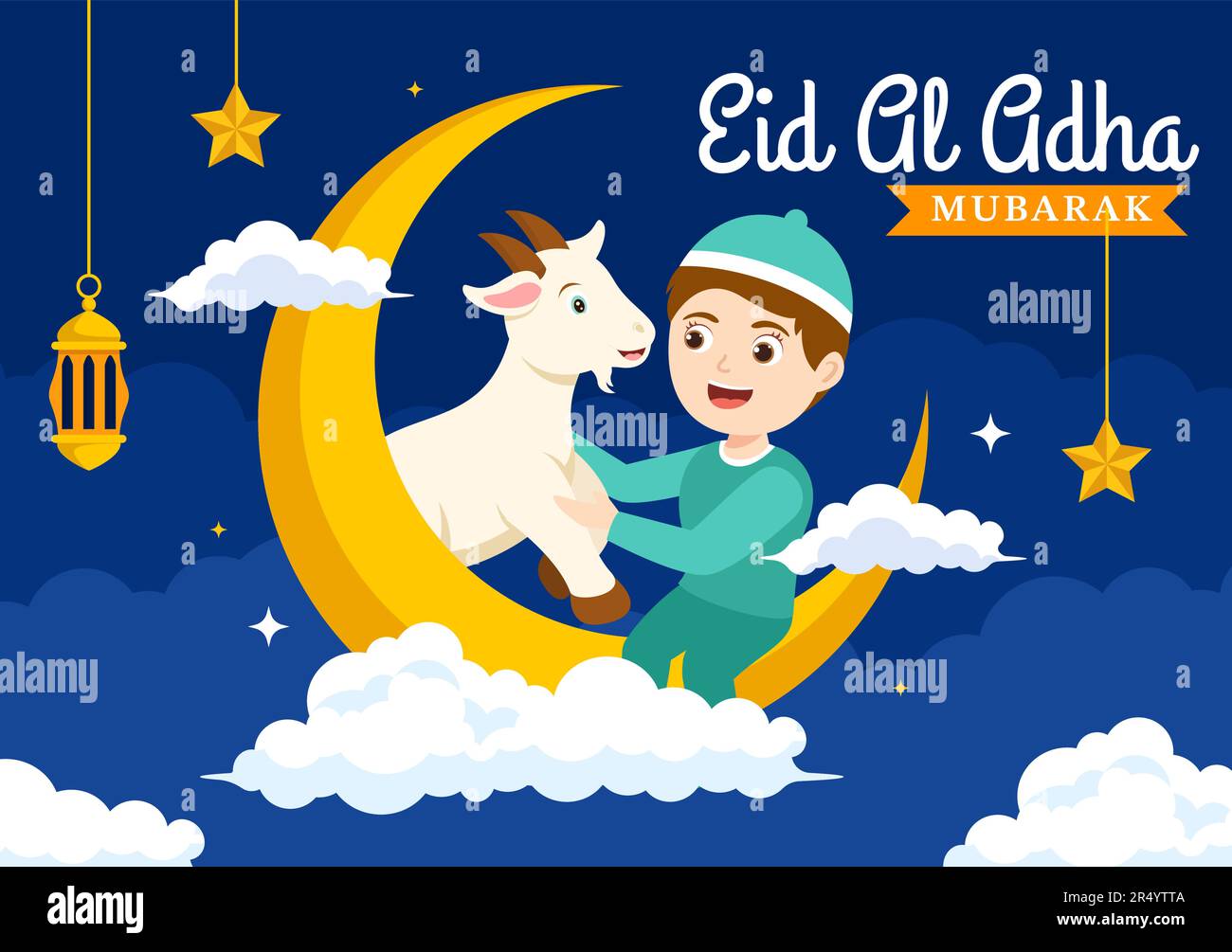 Happy Eid Al Adha Mubarak Vector Illustration of Kids Muslims ...
