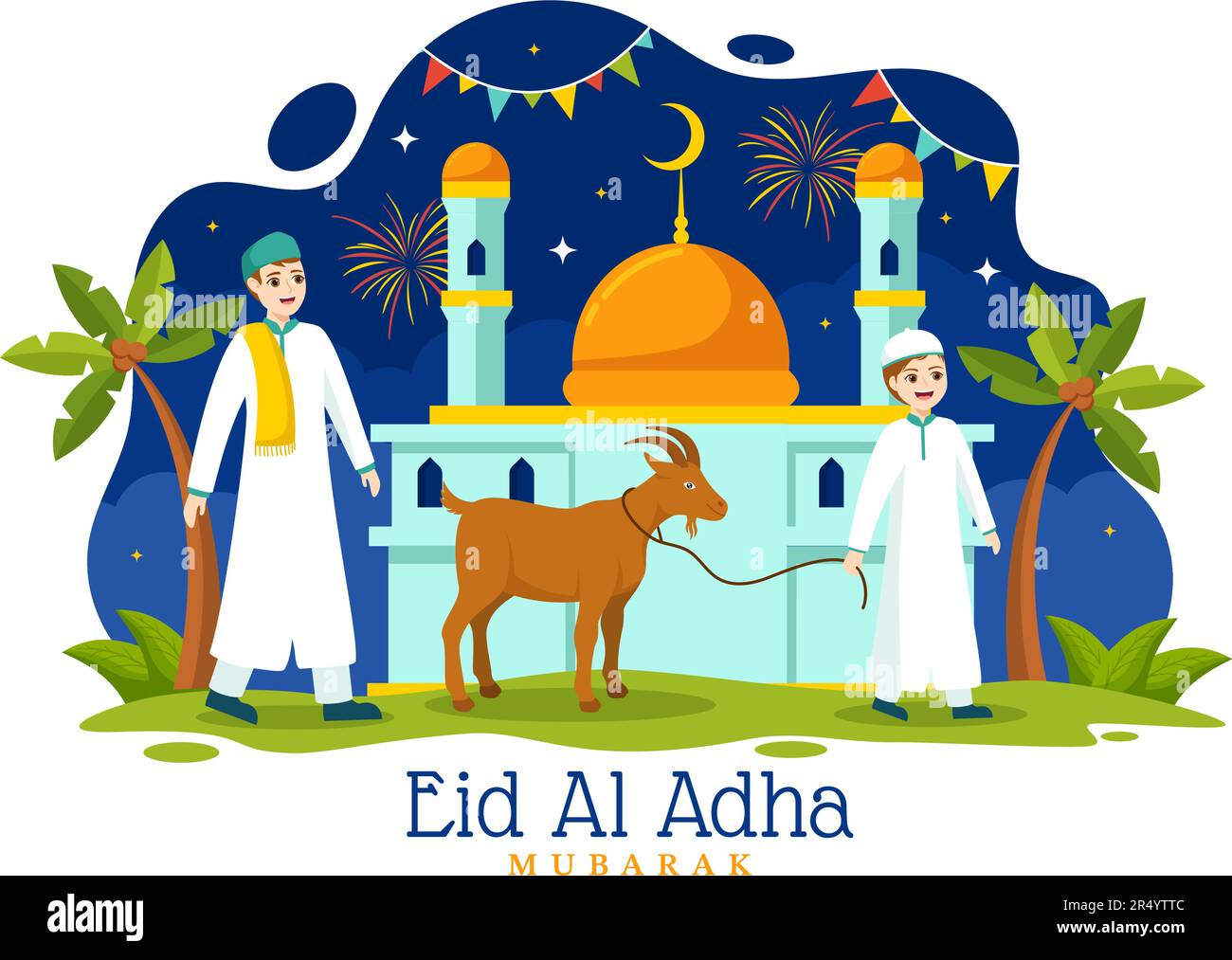 Happy Eid Al Adha Mubarak Vector Illustration of Kids Muslims ...