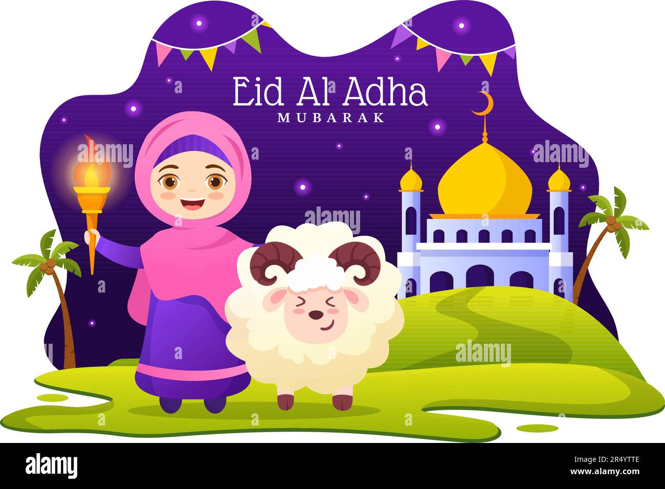 Happy Eid Al Adha Mubarak Vector Illustration of Kids Muslims ...
