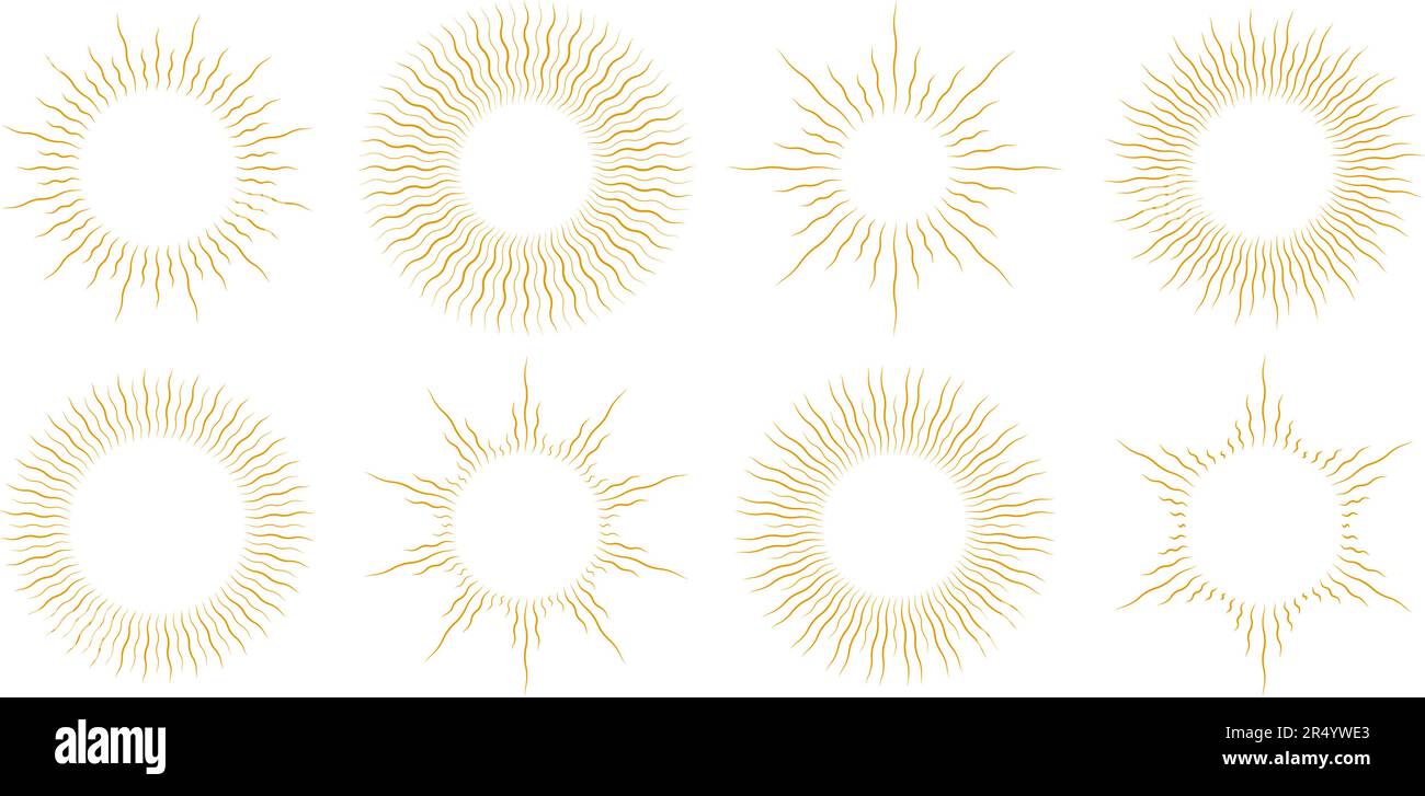 Golden Curved Sunburst Frame Set Retro Warped Circle Sunlight Rays