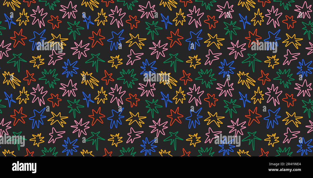 Hand drawn sparks seamless pattern. Colorful outline twinkles repeating ...