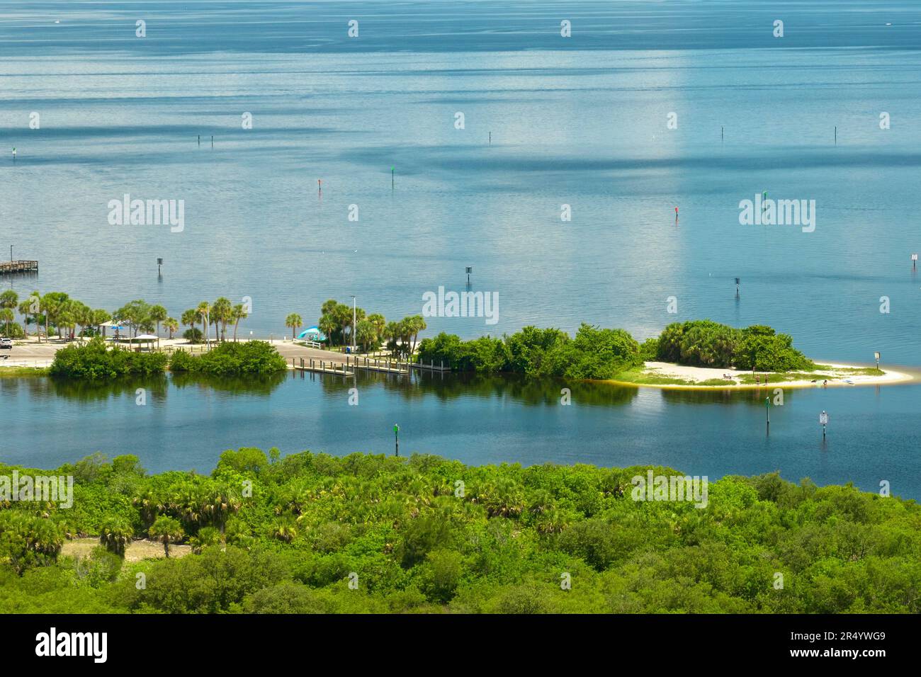 Overhead view of Everglades swamp with green vegetation between water ...