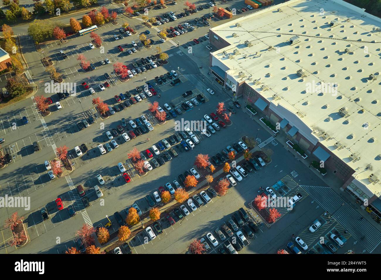 View from above of american grocery store with many parked cars on ...