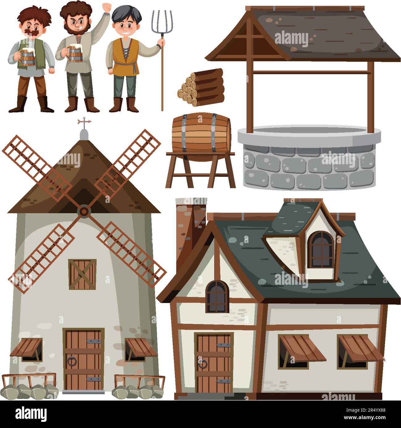 Set of medieval house and object cartoon illustration Stock Vector ...