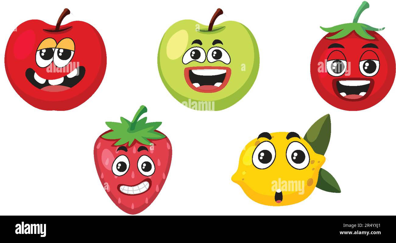 Set of fruit with facial expression simple style illustration Stock ...