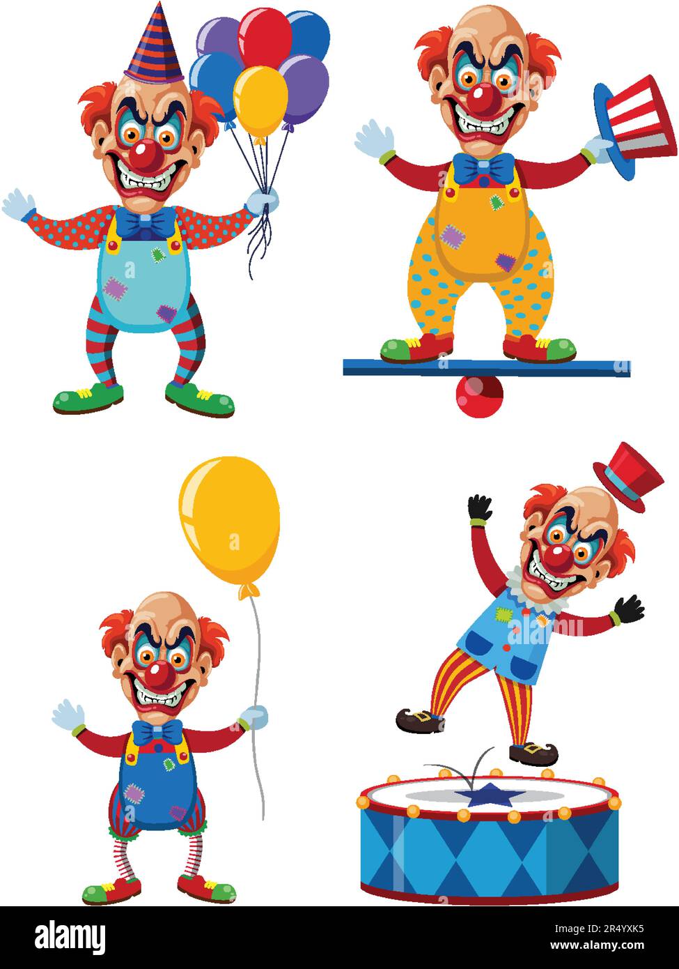 Set of creepy clown cartoon character on colourful outfit illustration ...