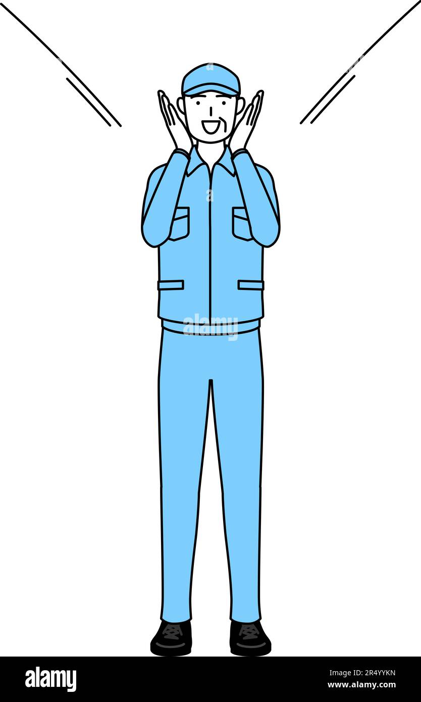 Senior man in hat and work clothes calling out with his hand over his ...