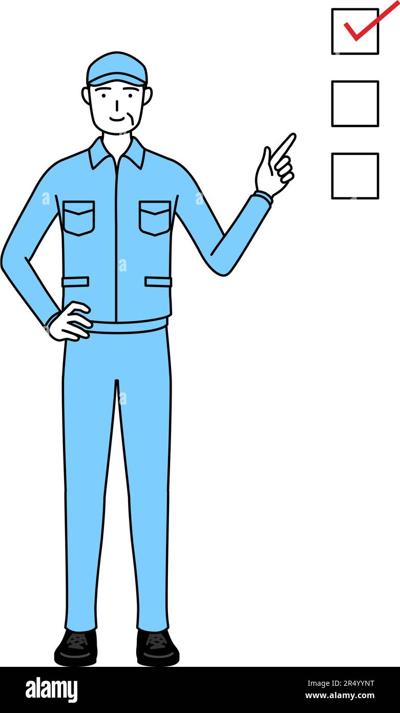 Senior man in hat and work clothes pointing to a checklist, Vector ...