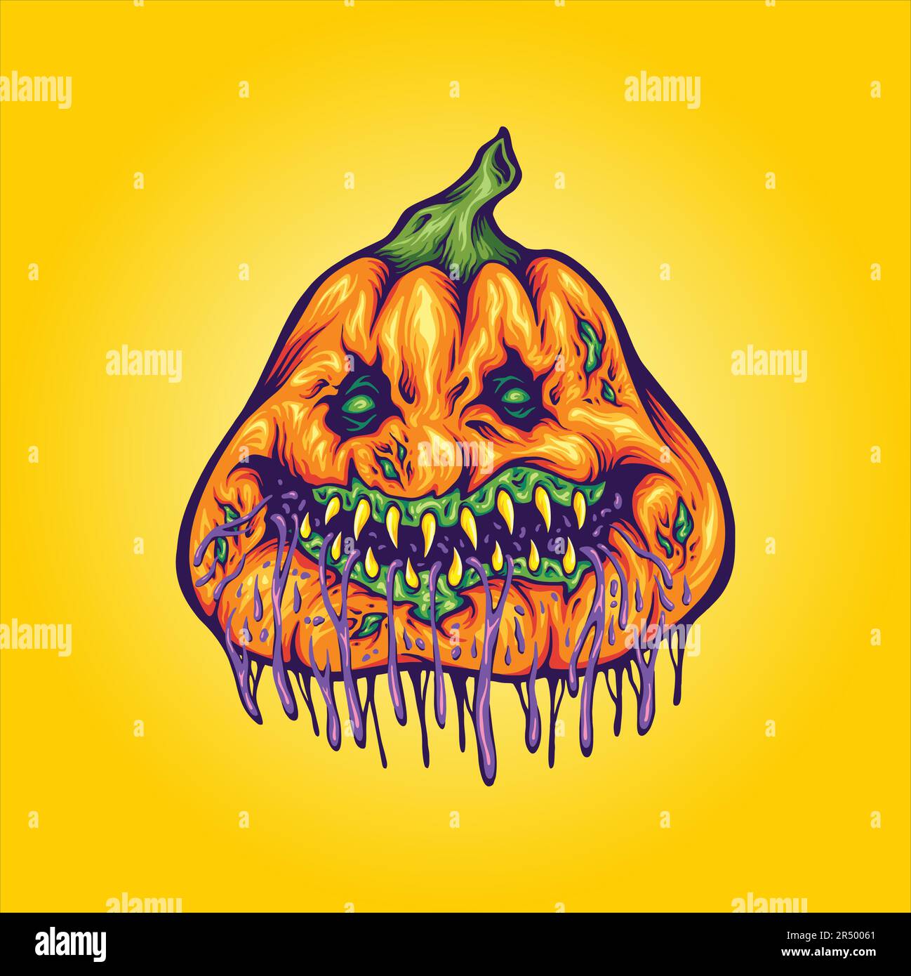 Rotten pumpkin monster head creepy halloween illustrations vector ...