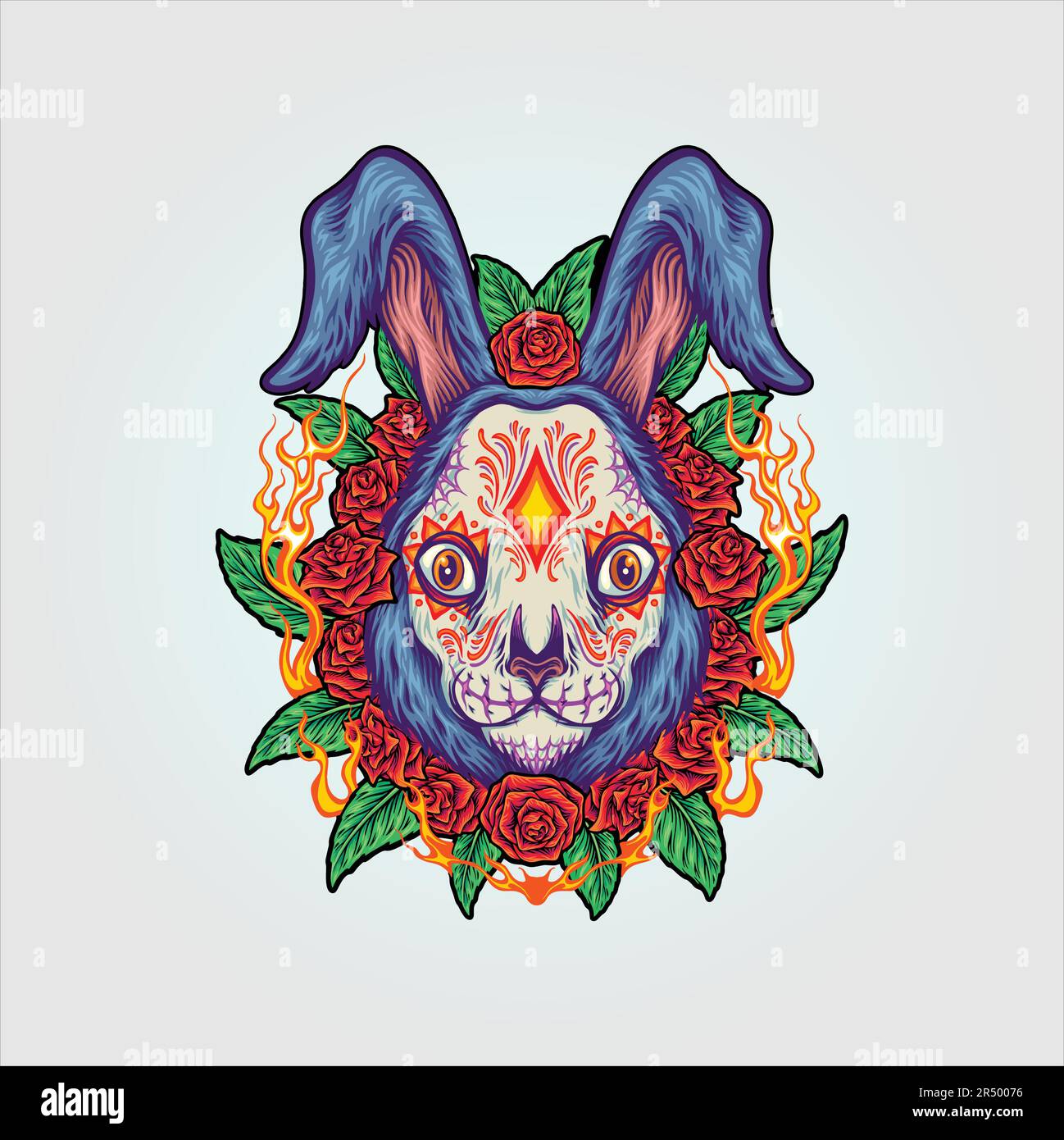 Dia de los muertos bunny head with blooming rose frame illustrations vector illustrations for ...