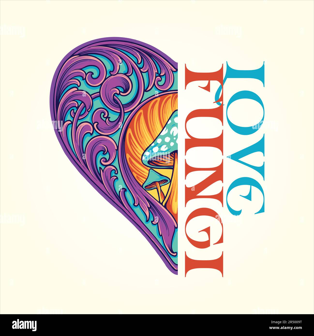 Royal engraved half heart with magical mushroom ornament illustrations ...