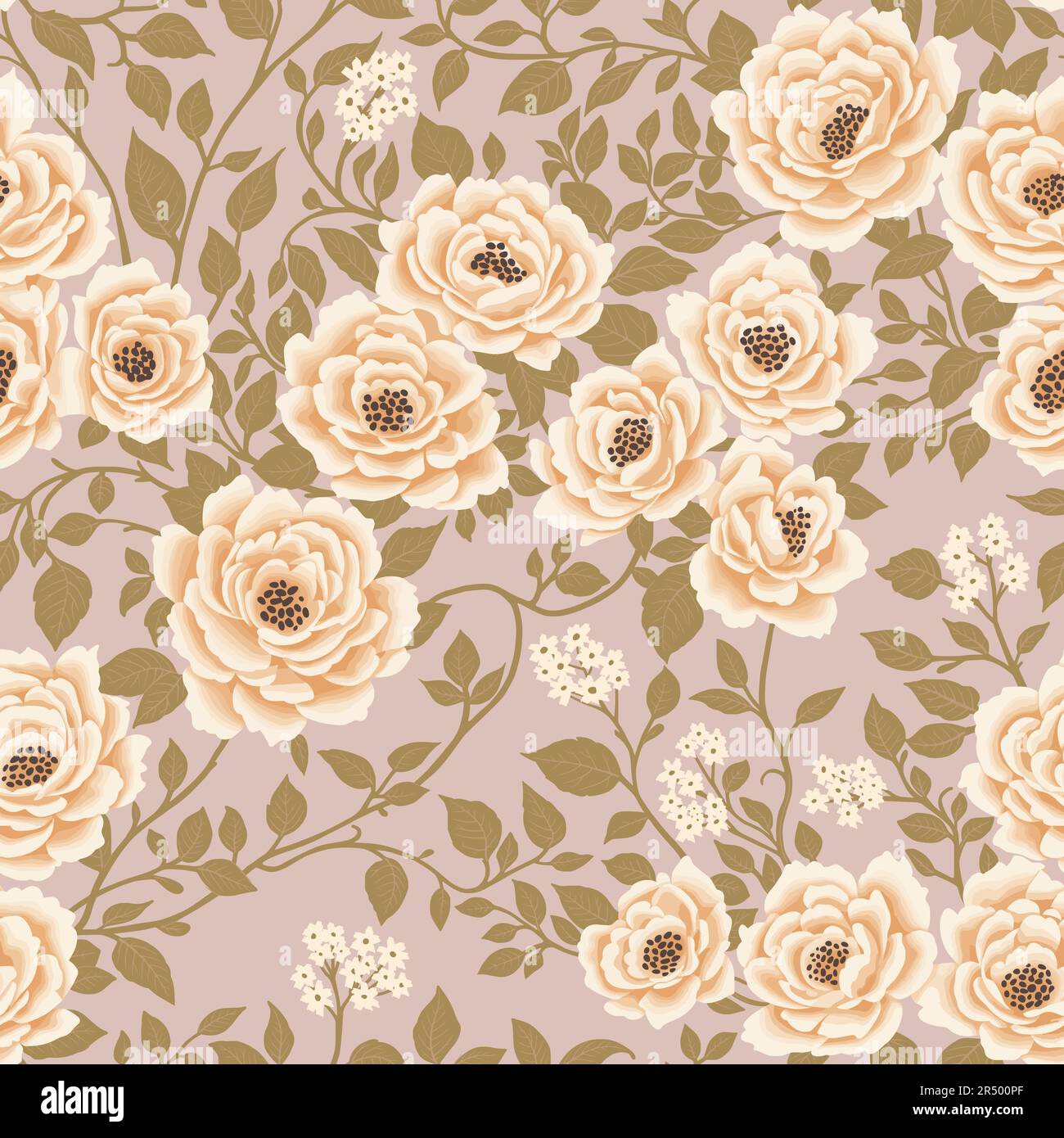 Floral Seamless Pattern of White Flowers and Beige Leaves on Pale ...