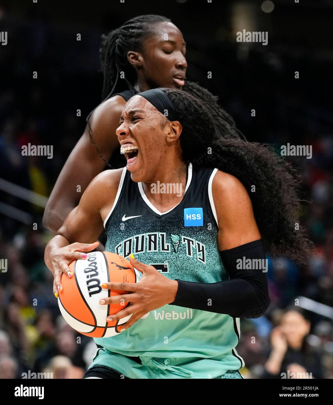 New York Liberty forward Kayla Thornton (5) reacts in front of Seattle ...