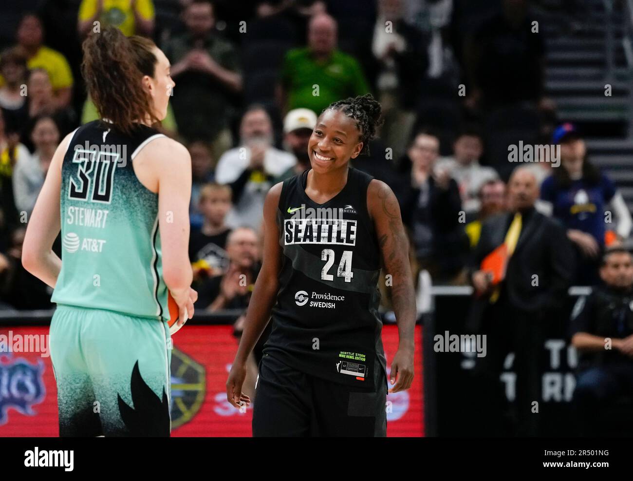 New York Liberty forward Breanna Stewart (30) greets Seattle Storm ...