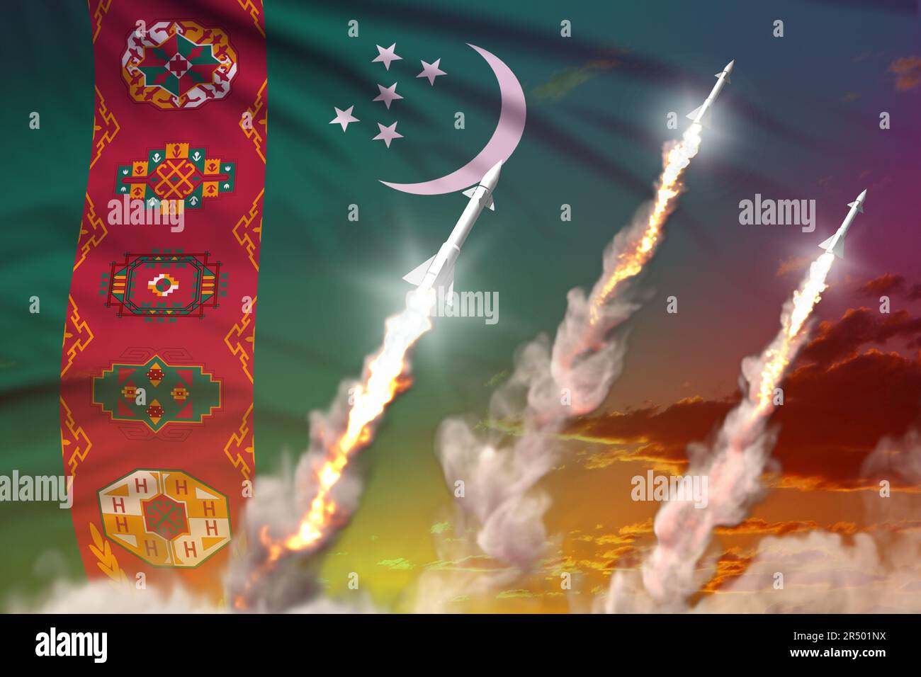 Modern strategic rocket forces concept on sunset background ...