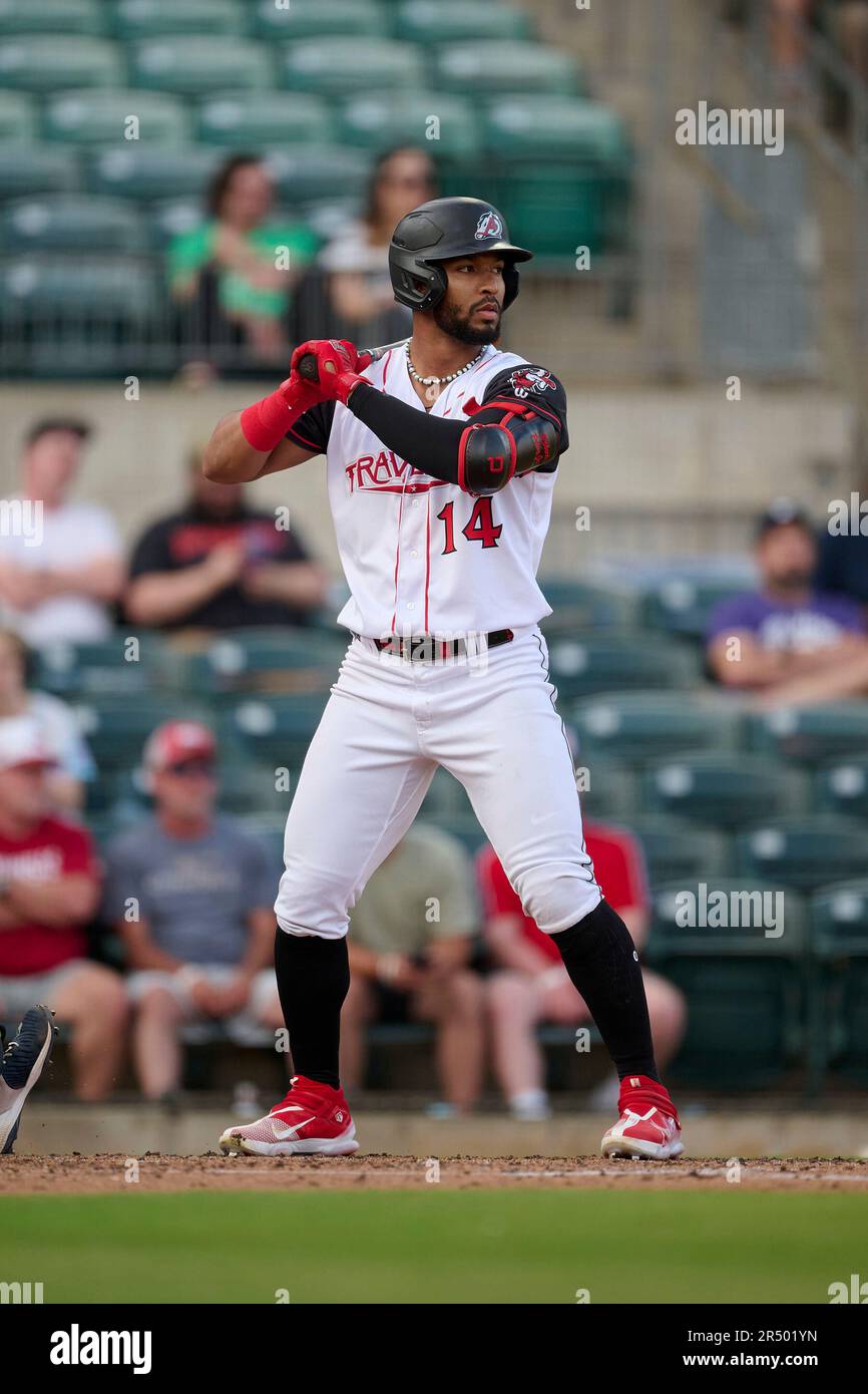 Arkansas Travelers Robert Perez Jr. (14) at bat during an MiLB Texas ...