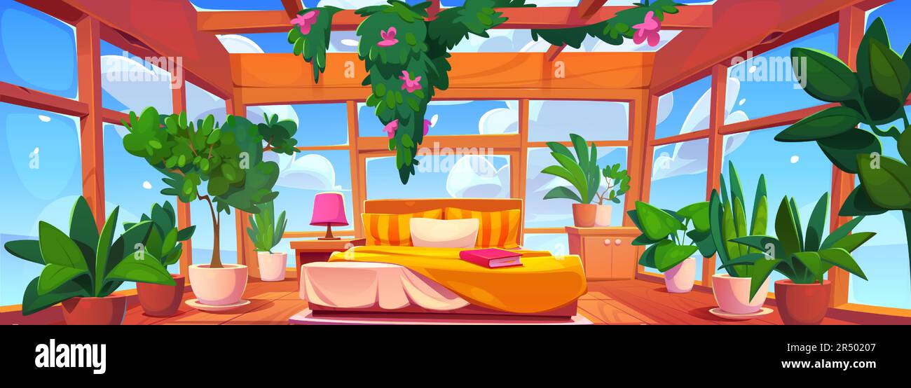 Interior of room with windows in hotel, beach house or villa. Bedroom ...