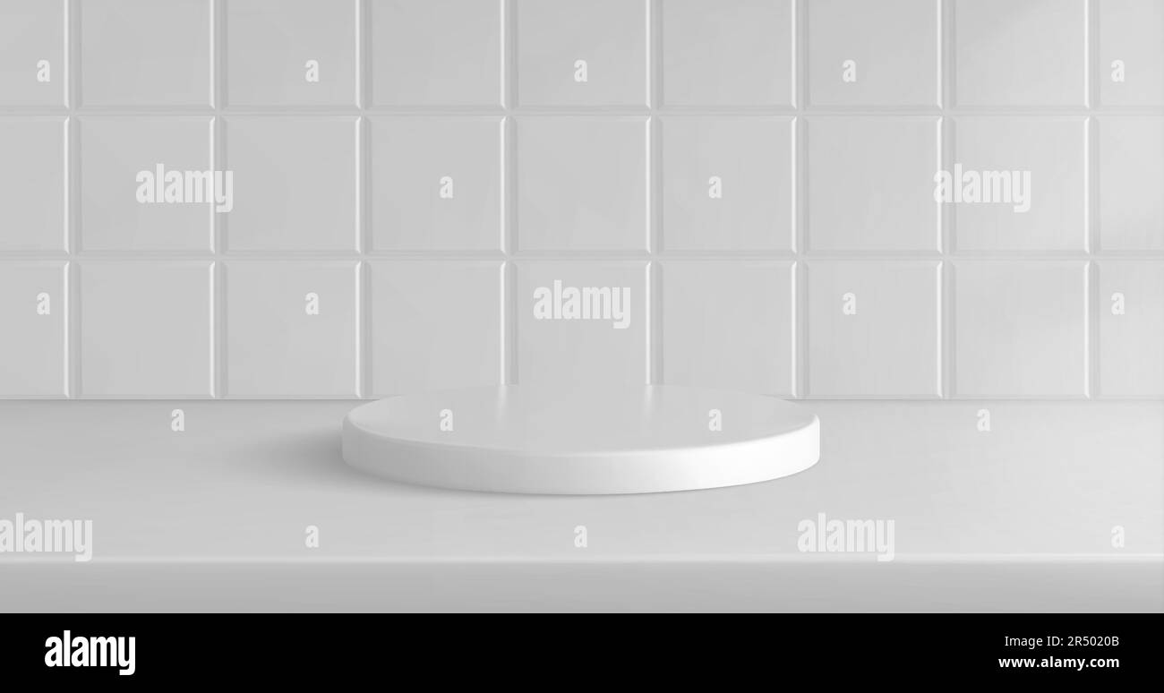 3d white kitchen tile podium platform background. Perspective product ...