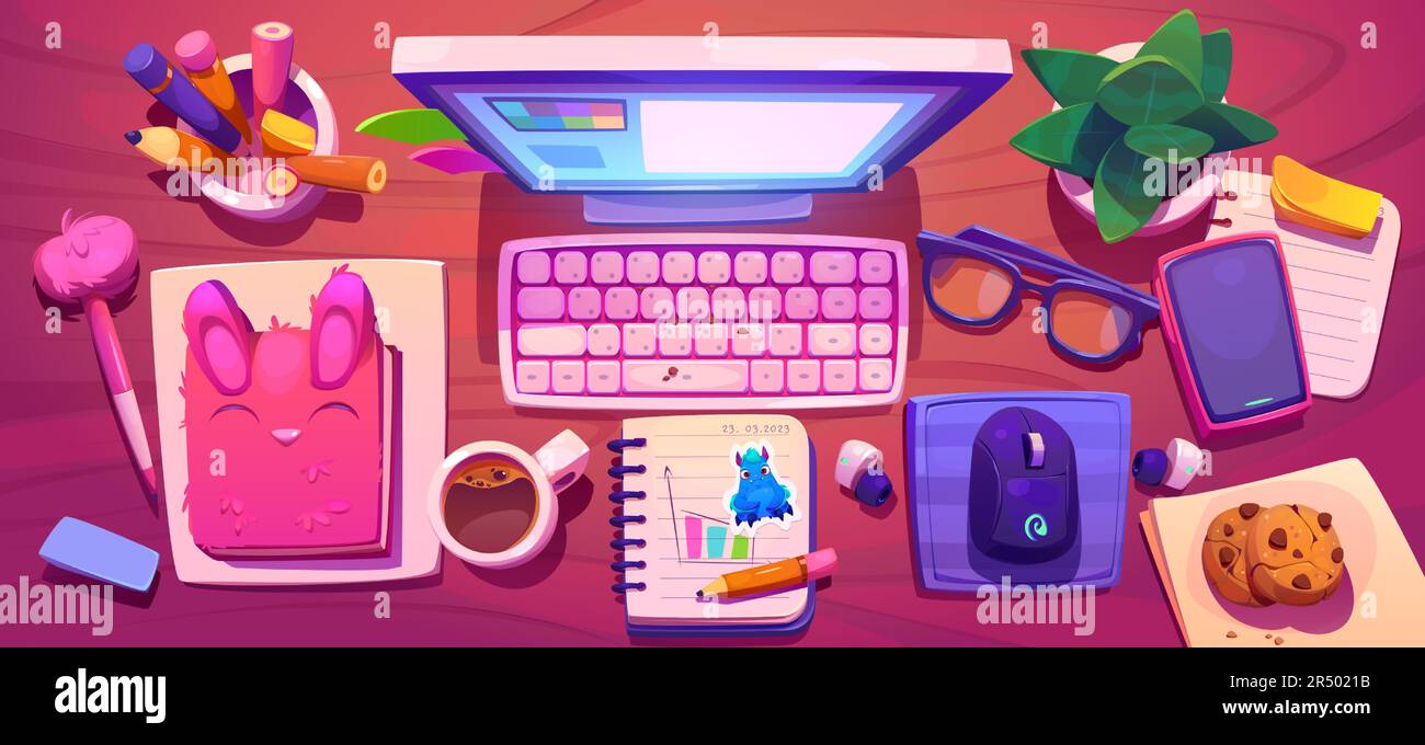 Teen girls workplace top view. Vector cartoon illustration of pink desk ...