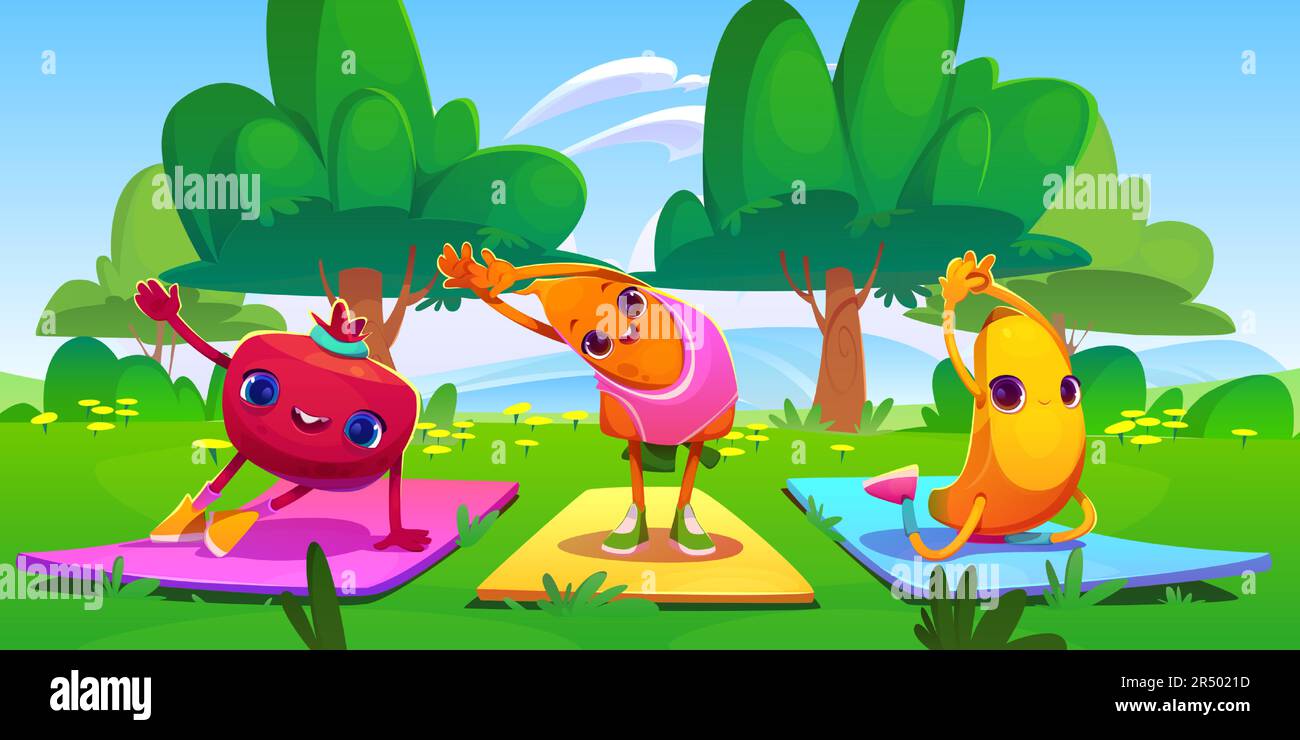 Cartoon kawaii fruit and vegetable exercising in summer garden. Vector ...