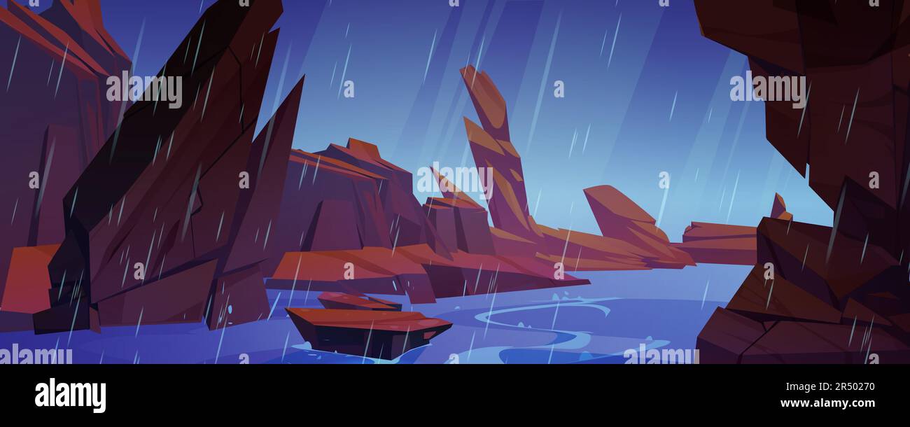 Heavy rain pouring over rocky canyon river. Vector cartoon illustration ...