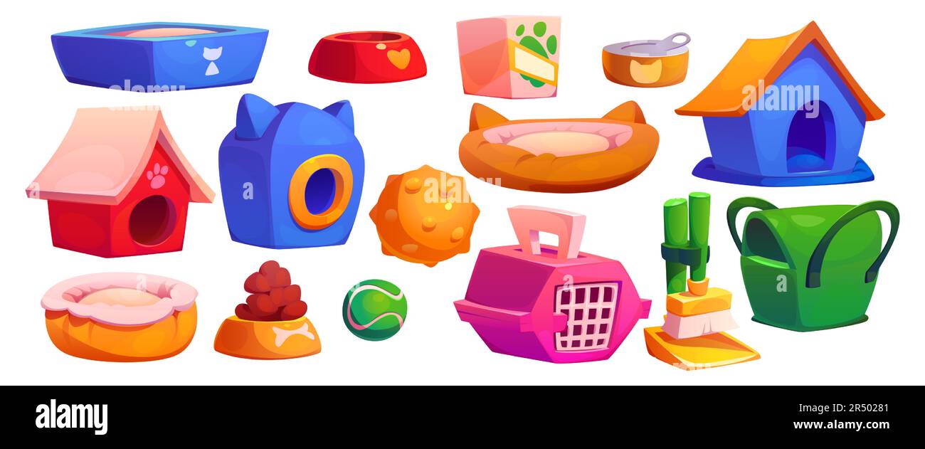 Cartoon set of pet shop goods isolated on white background. Vector ...