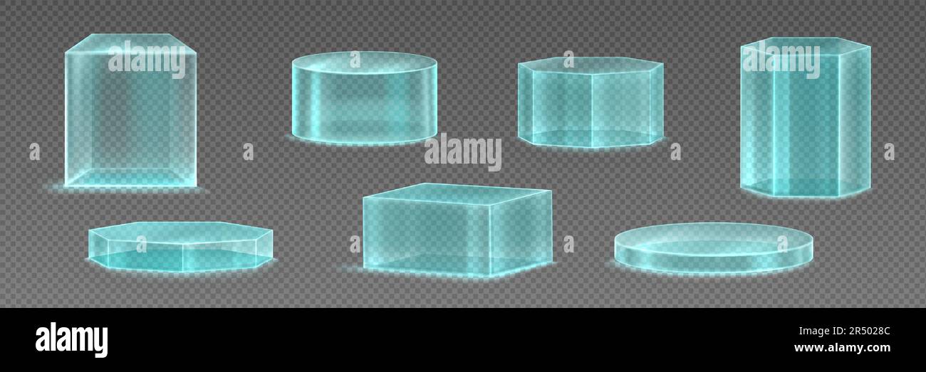3d glass podiums, crystal platforms for product display. Empty clear ...