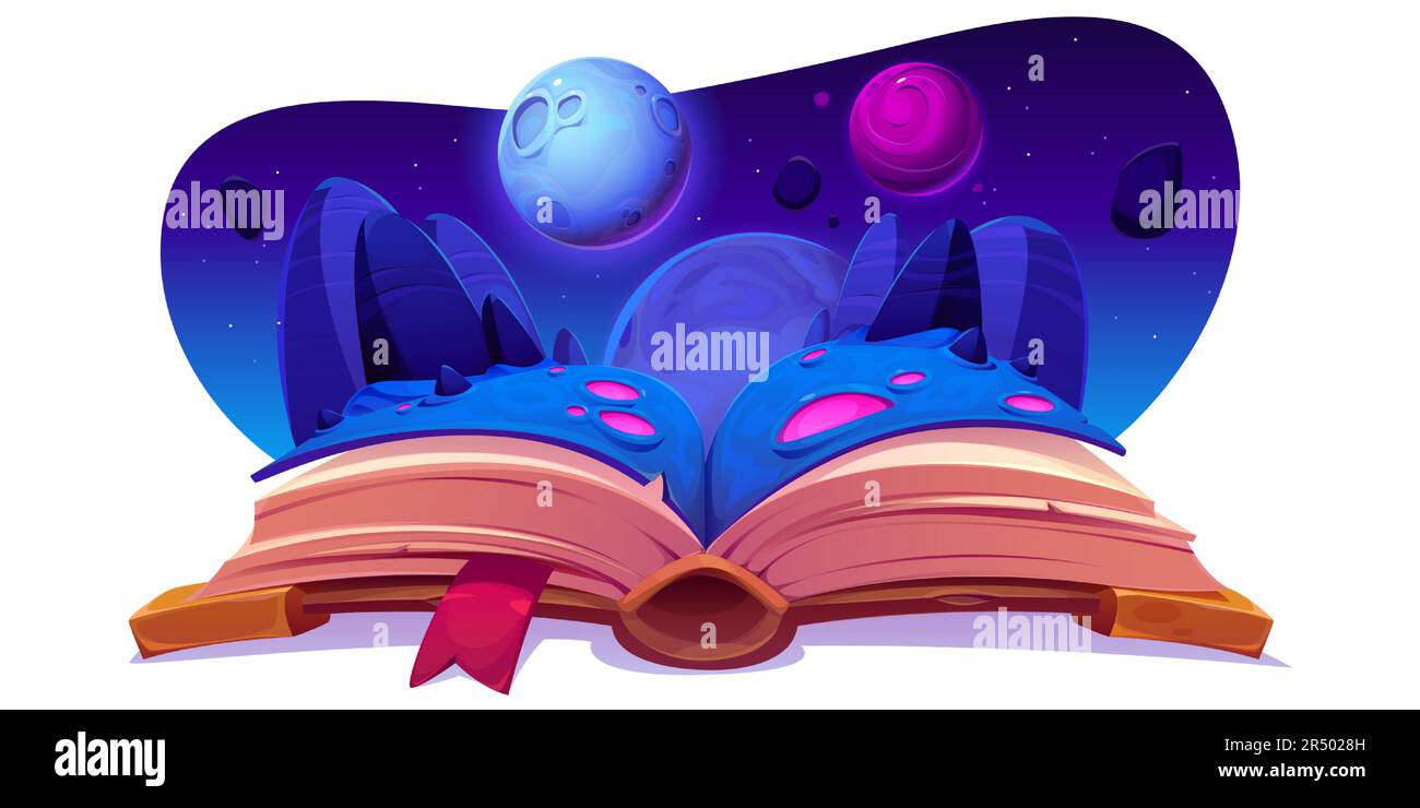 Open book with fantasy space landscape on pages isolated on white ...
