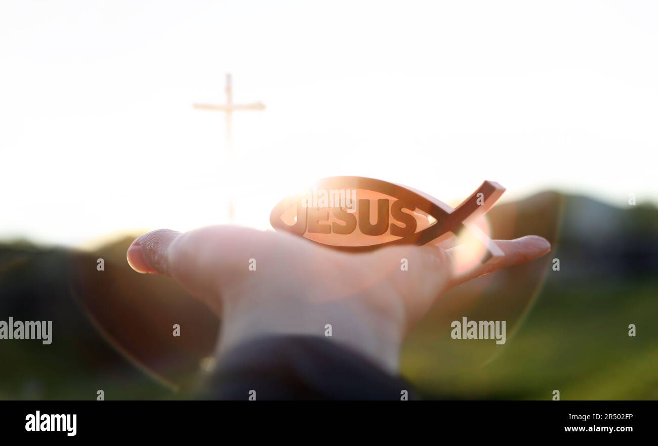 Bright light new year sunrise and christian symbol fish shape ichthys ...