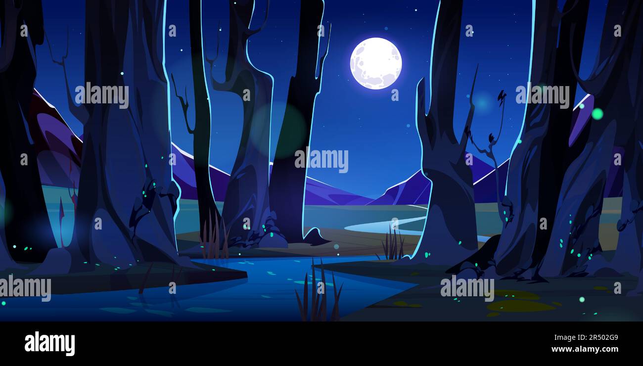 River in night forest, mountain nature vector cartoon landscape. Green ...