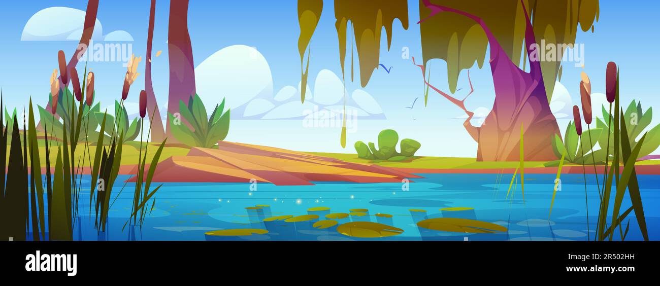Lake in forest with reed and cattail landscape illustration. Water in ...