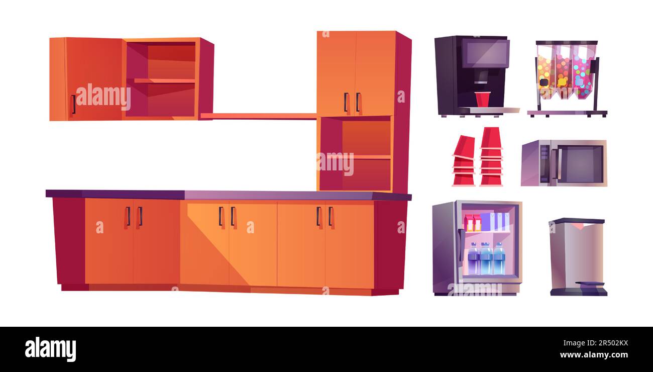 Kitchen interior in office vector furniture set. Canteen or break room with coffee machine ...